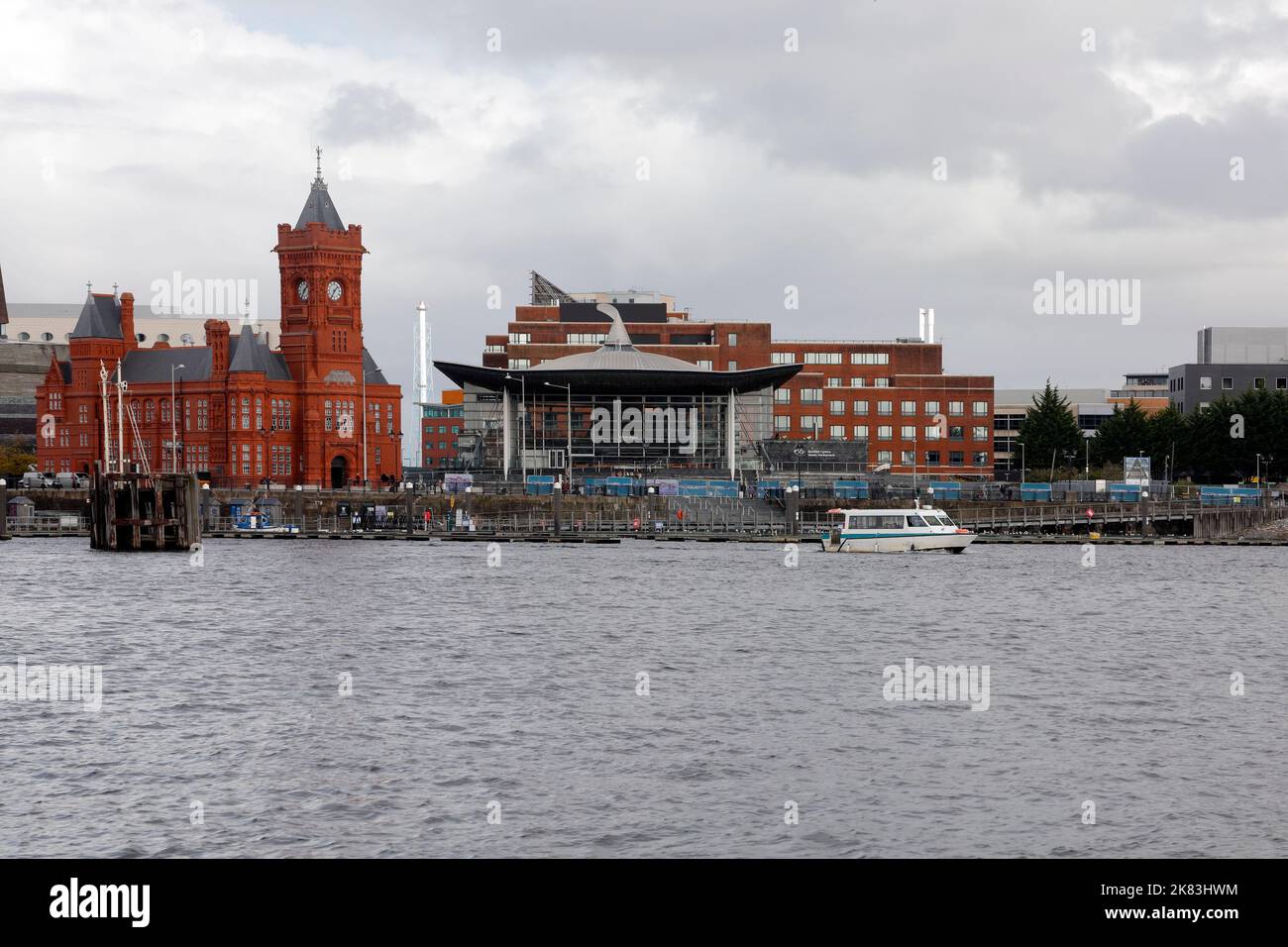 Pierhead Building and Welsh Assembly building from across Cardiff Bay ...