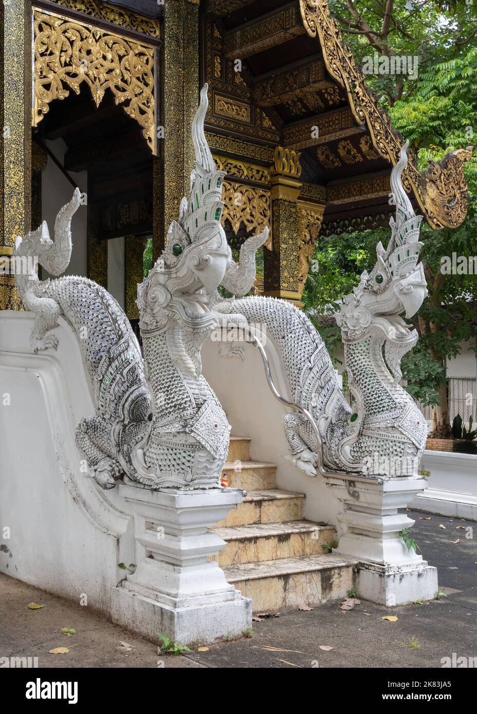 View of white stucco naga stairs entrance to a religious building in ...
