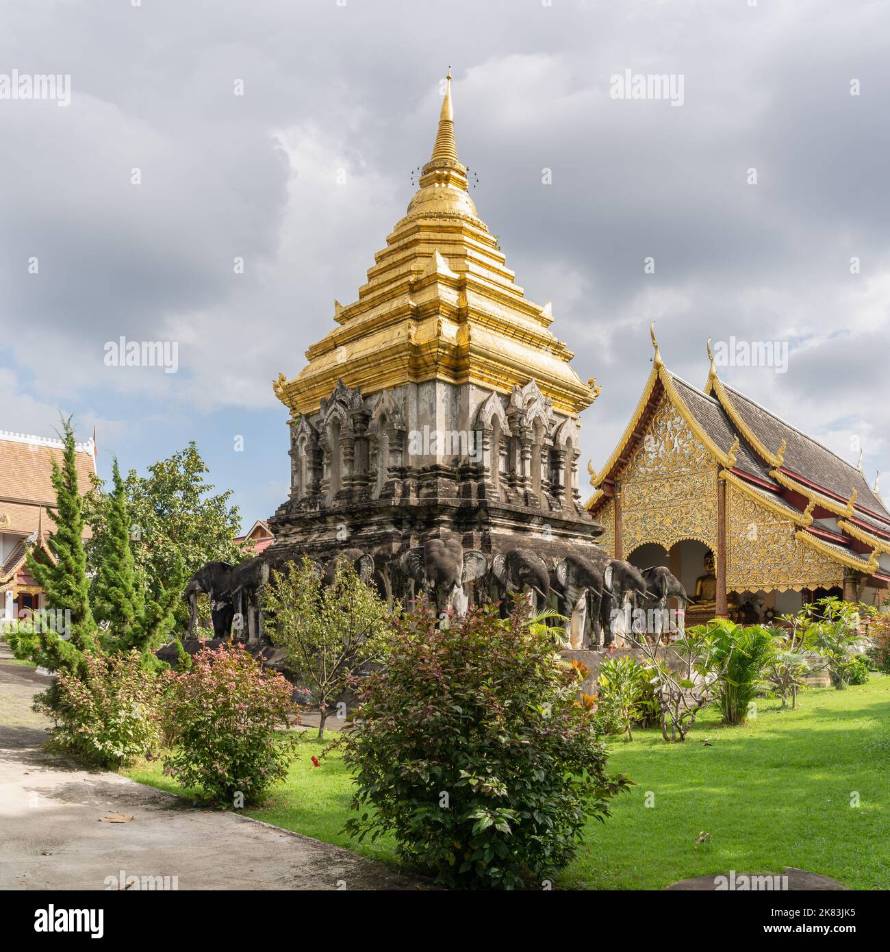 Scenic view of Chedi Chang Lom stupa with vihara in background at ...