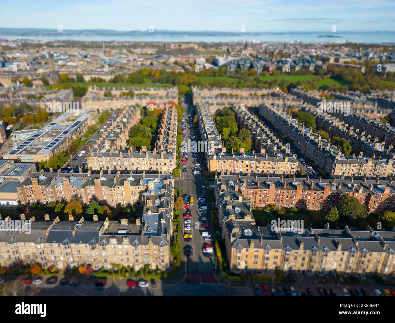 Tilt shift effect to miniaturise aerial view of housing in Marchmont ...