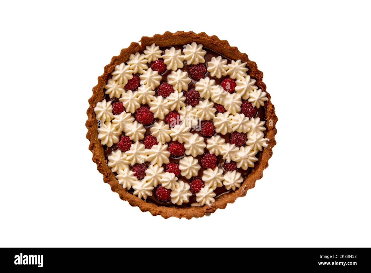 Raspberry, chocolate ganache and cream tart with cocoa biscuit pastry ...