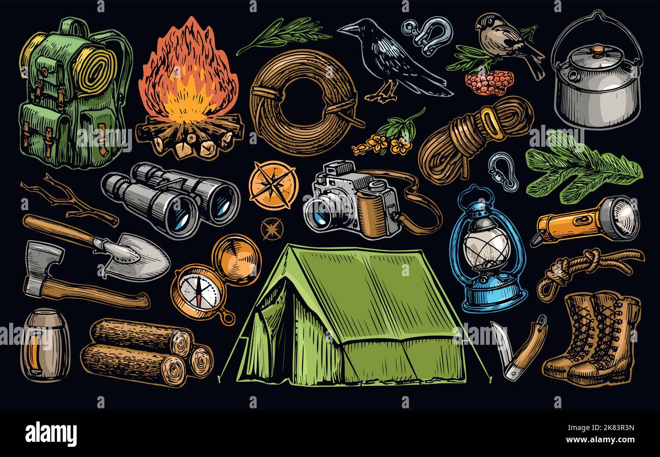 Summer camp collection. Camping equipment set. Active holidays or local ...