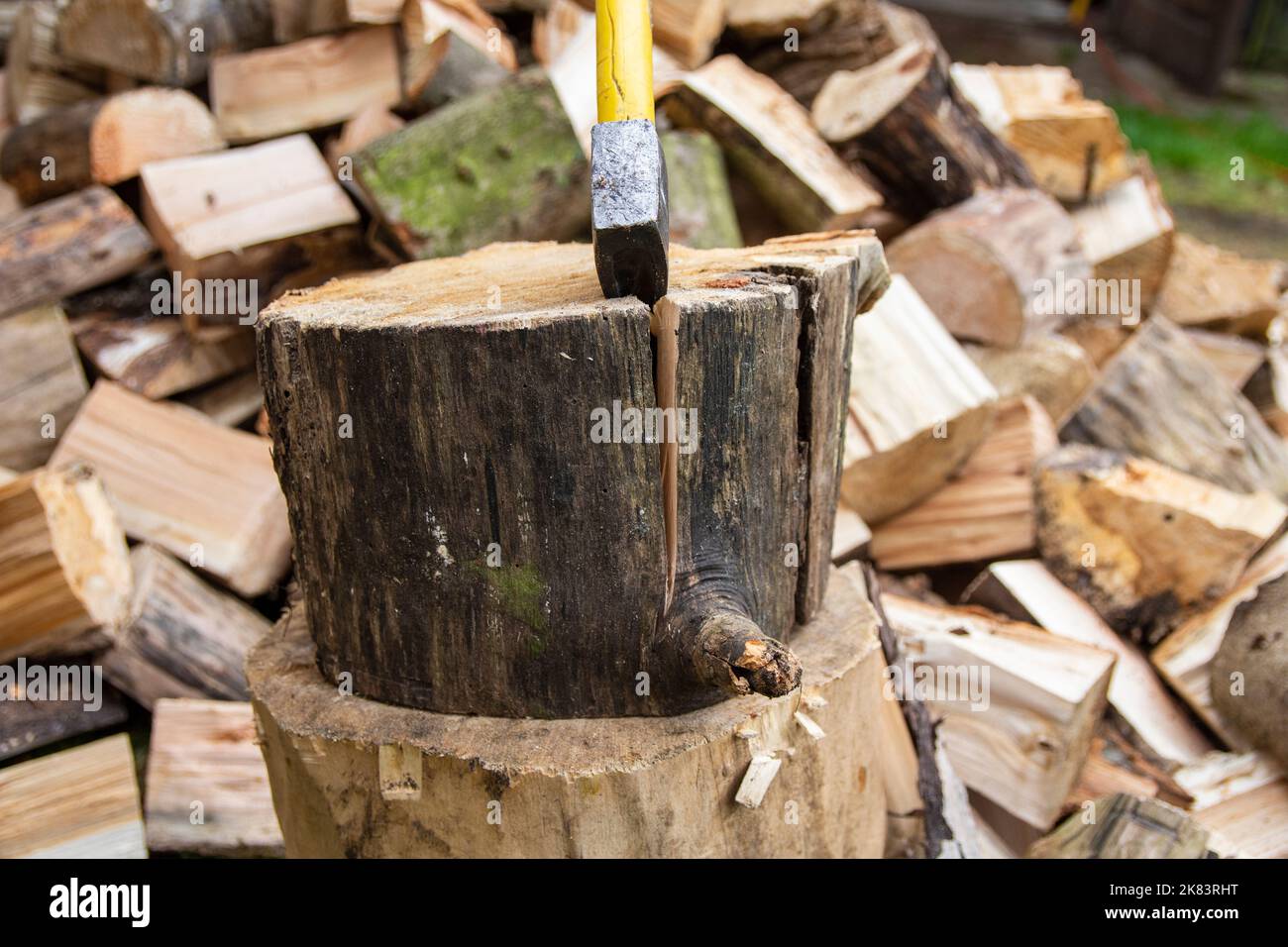 An ax and a stump while chopping firewood on a clear day Stock Photo ...