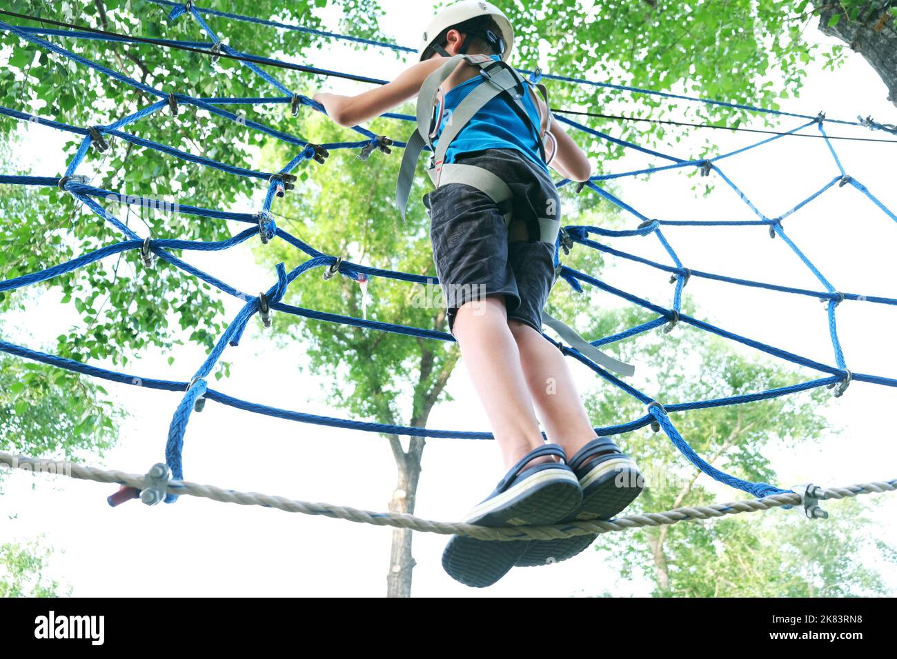 Child boy having summer fun at adventure park on the zip line. Balance ...
