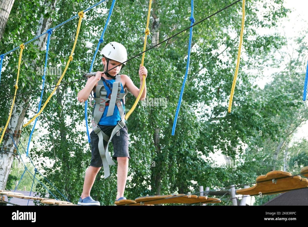 Child boy having summer fun at adventure park on the zip line. Balance ...