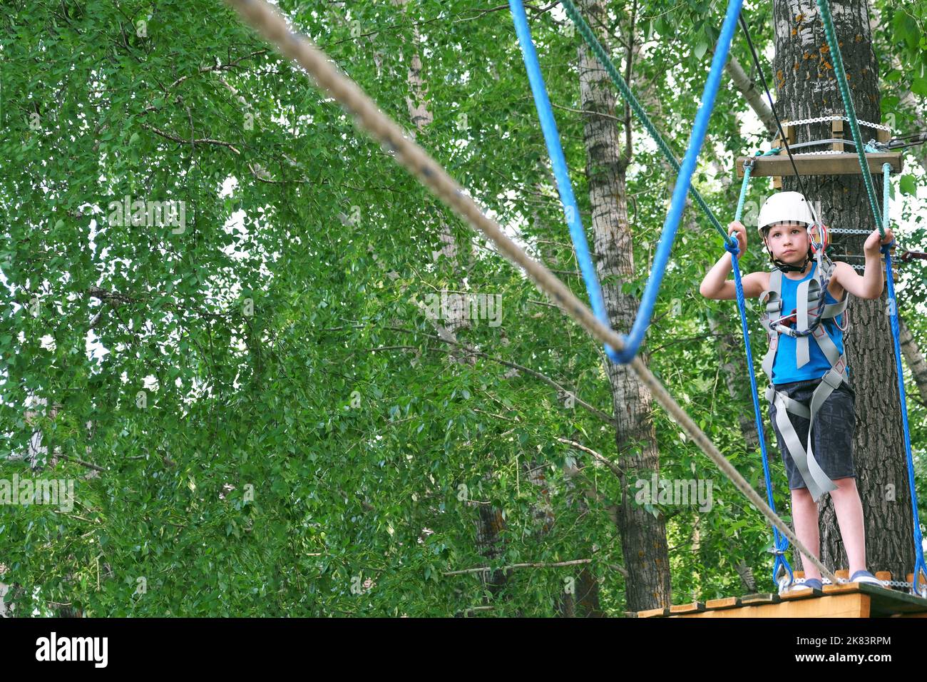 Child boy having summer fun at adventure park on the zip line. Balance ...