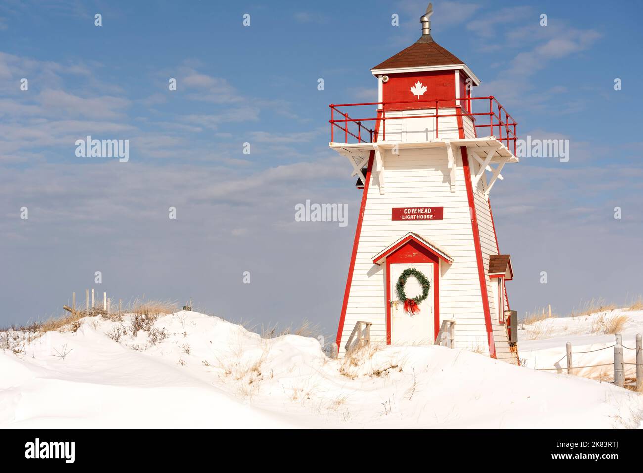 Covehead lighthouse decorated with a Christmas wreath. Located in PEI ...