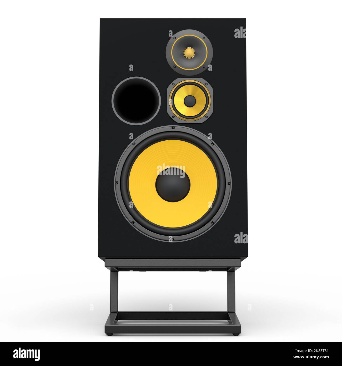 Hi-fi speakers with loudspeakers on stand isolated on white background ...