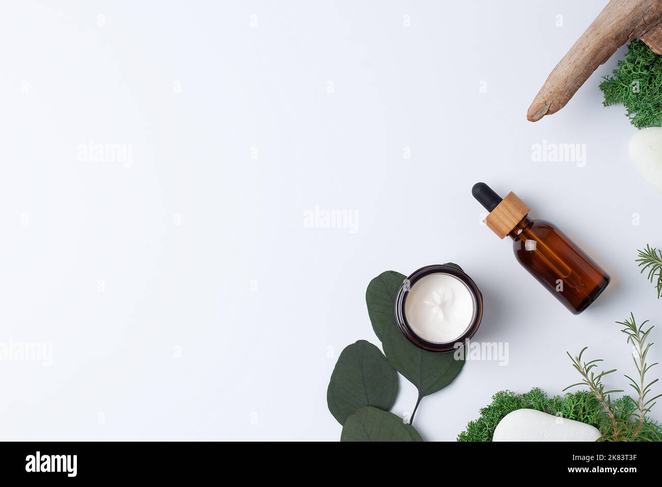 Cosmetic skin care products with eucalyptus and wood on white ...