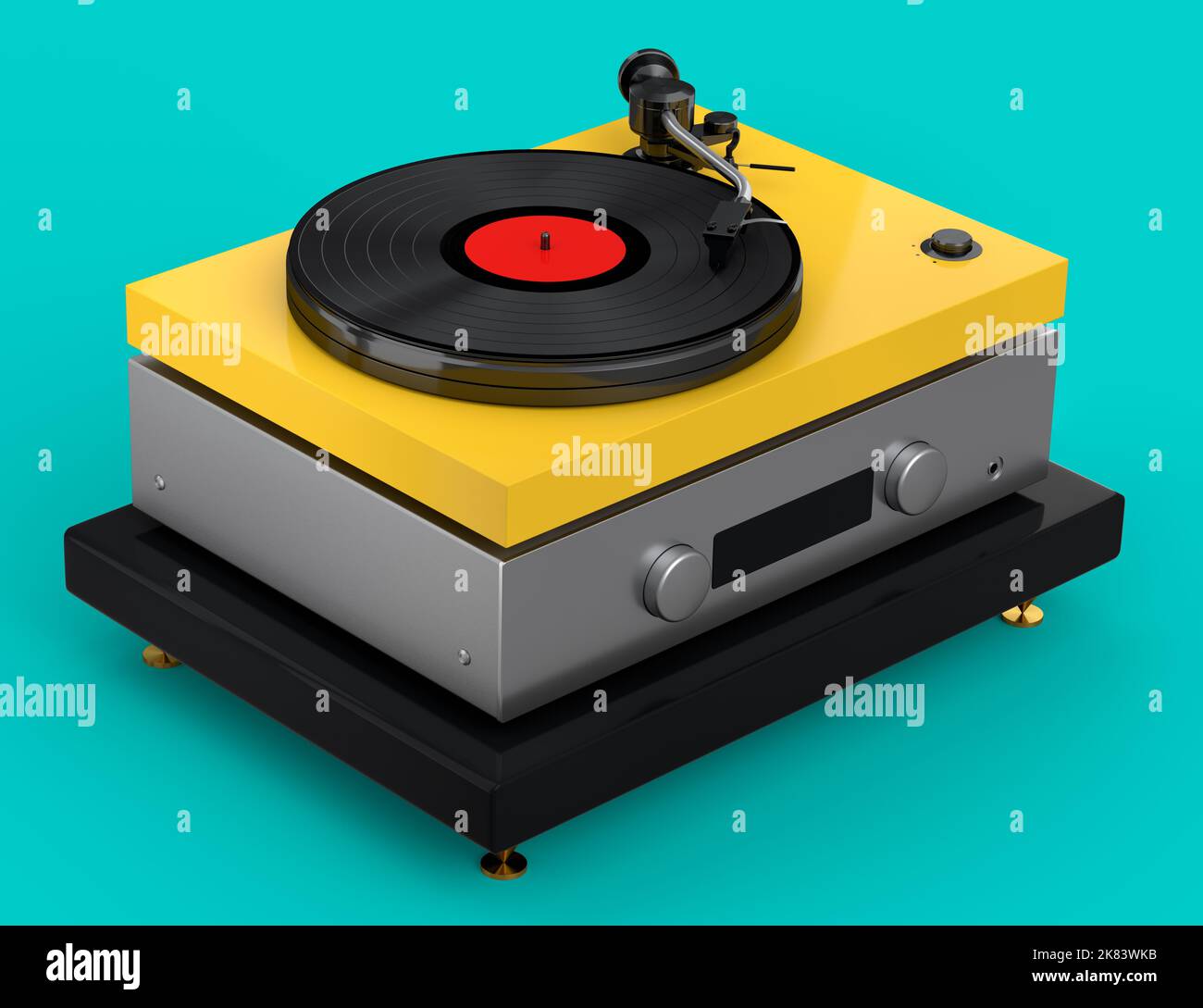 Vinyl record player or DJ turntable with retro vinyl disk on green ...