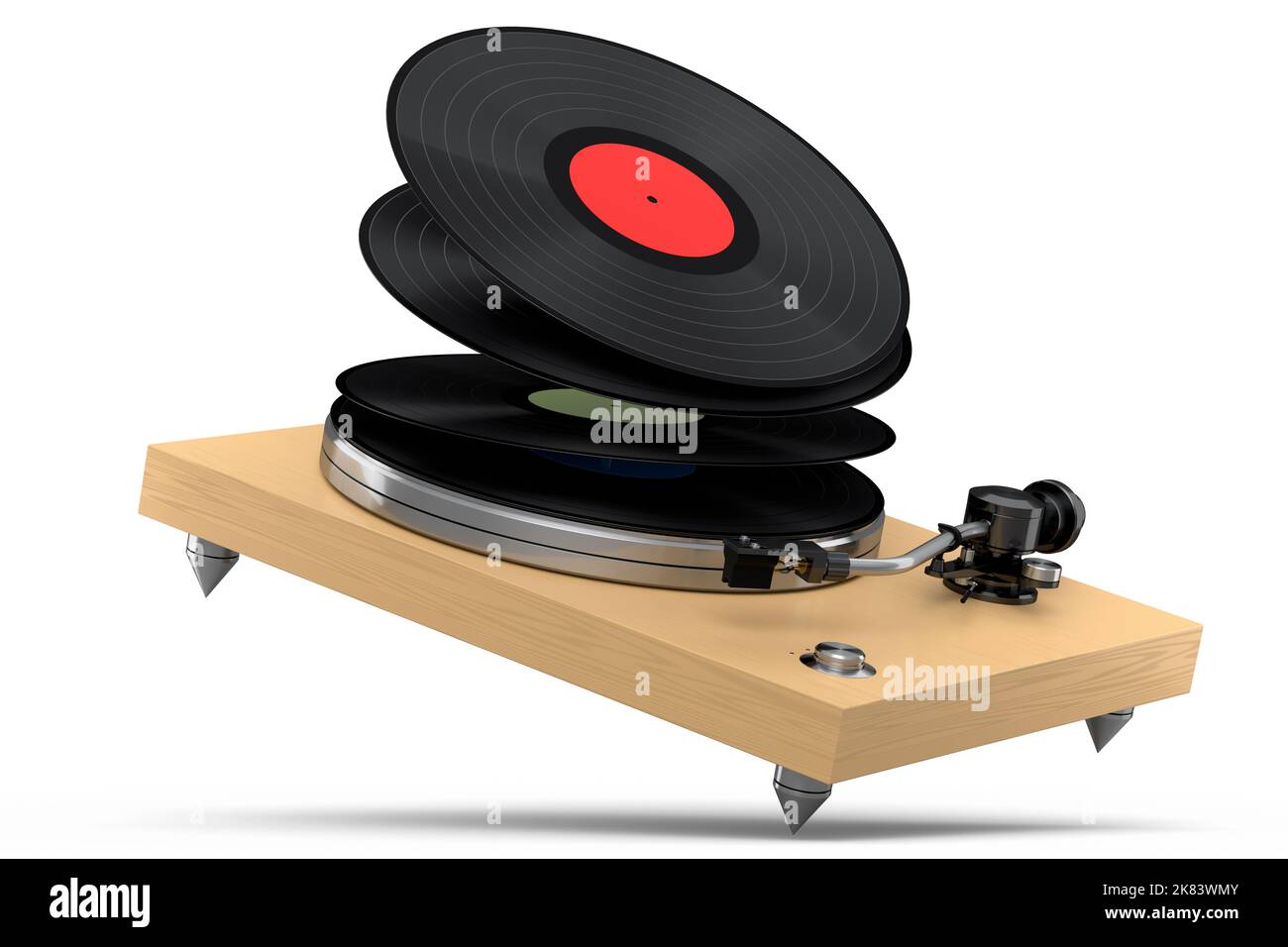 Vinyl record player or DJ turntable with flying vinyl plate on white ...