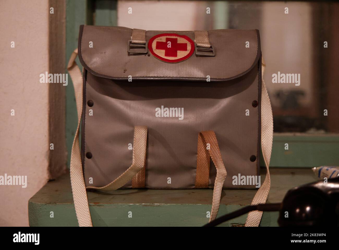A first ade kit is seen in a disused bomb shelter in Warsaw, Poland on ...