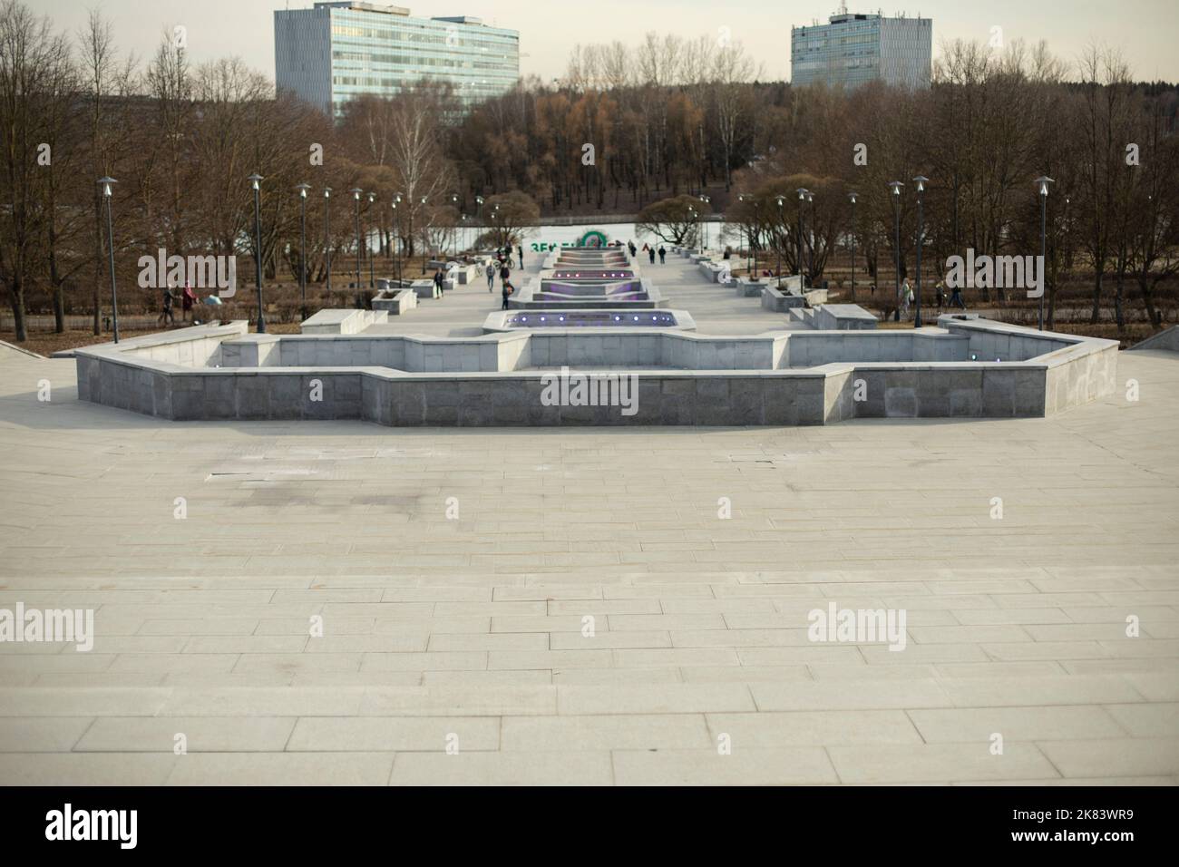 View of city park. Cascading fountain in city. Details of urban ...