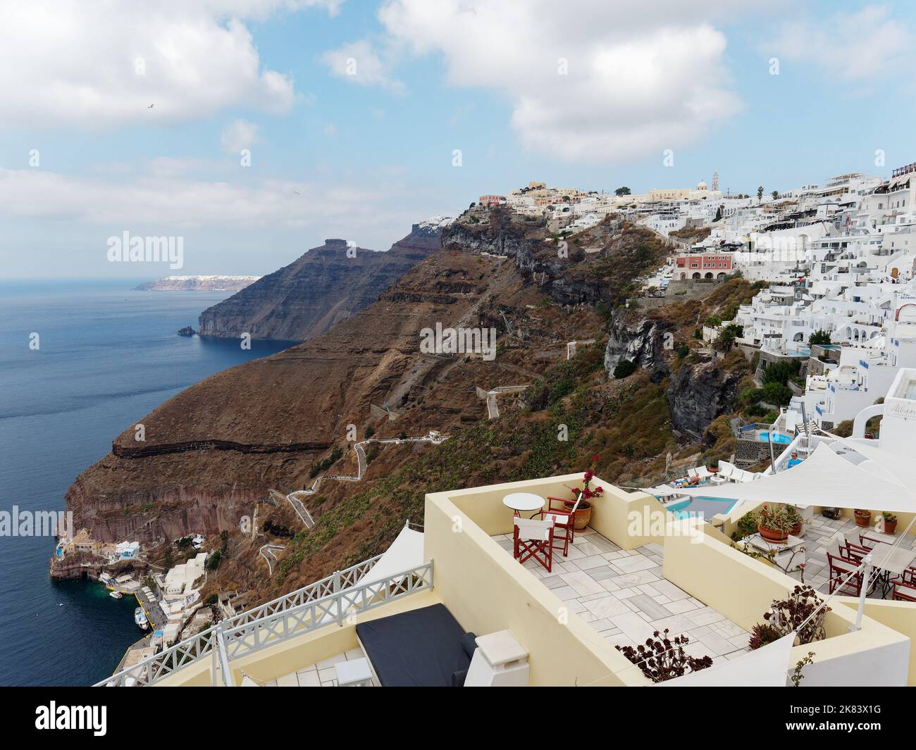 View from Fira towards Skaros Rock and the Caldera from a hotel balcony ...