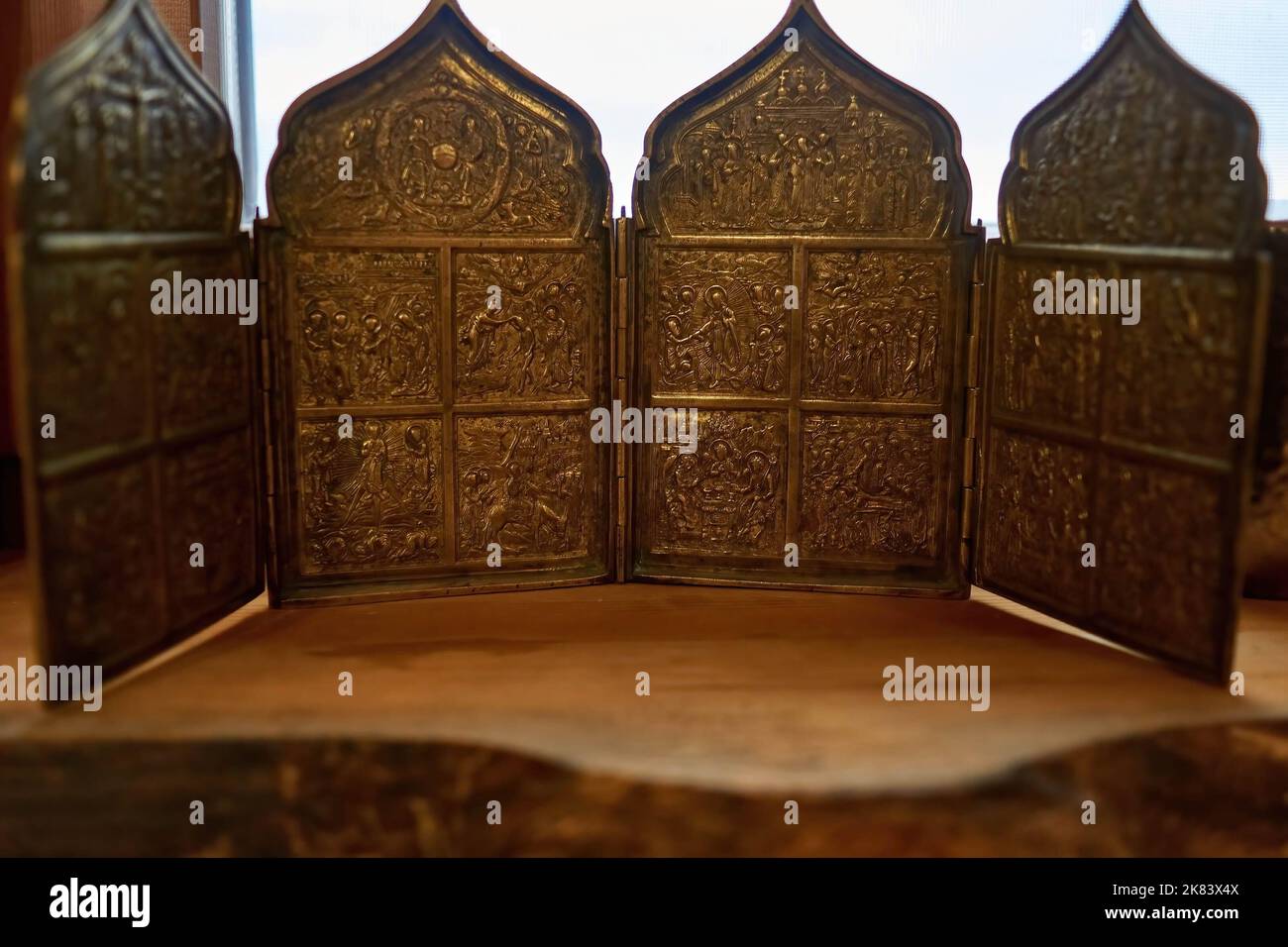 October 8, 2022, Lizhma, Karelia, Russia: Ancient metal fold of icons ...