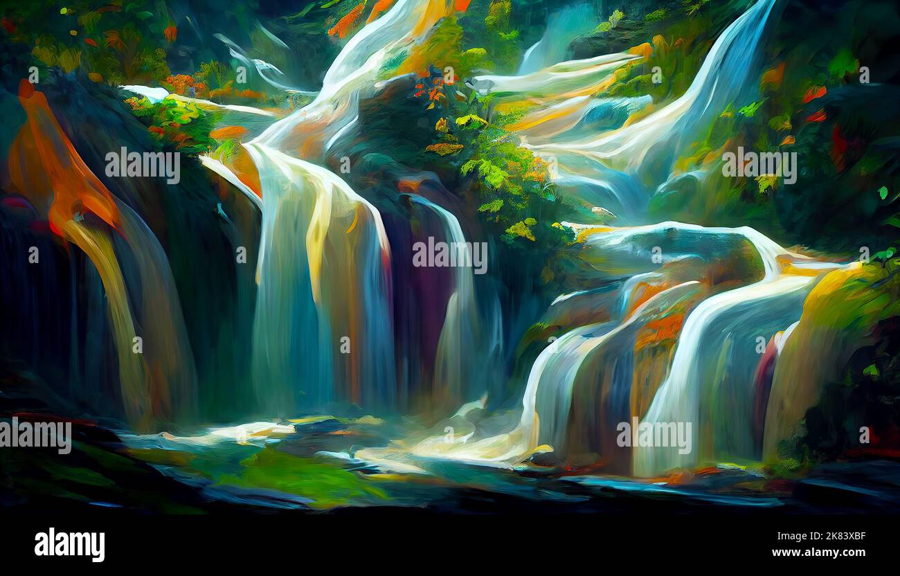 Beautiful abstract mountain waterfall stream in forest. Artistic effect ...