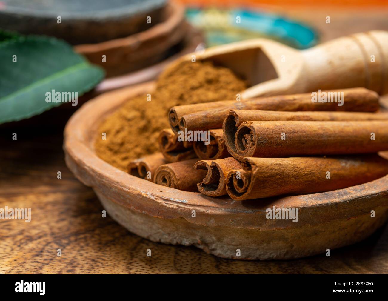 Indian spices collection, dried aromatic cinnamon barks and another ...