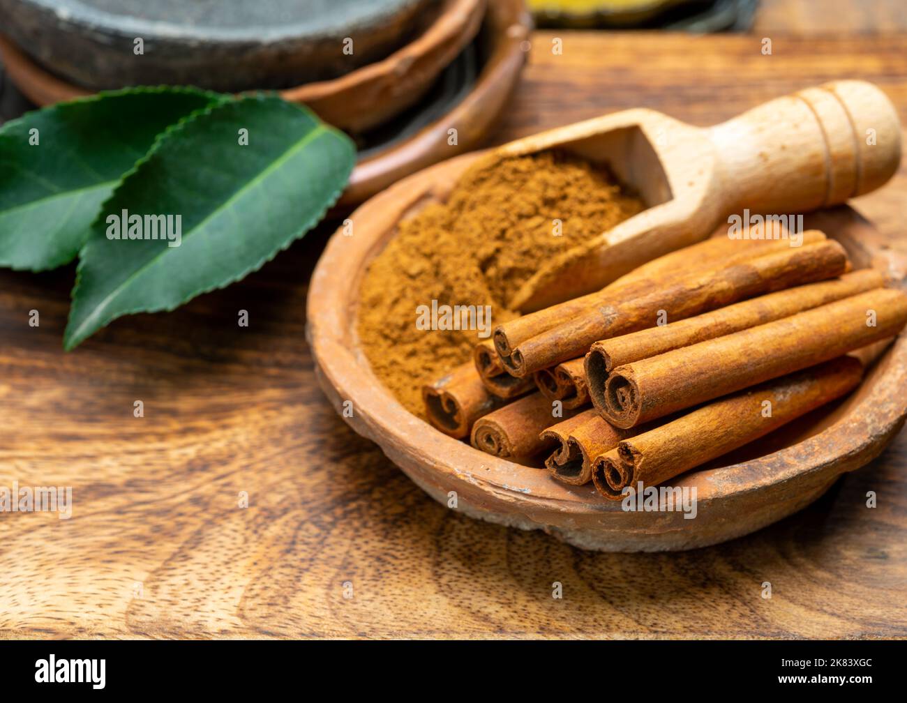 Indian spices collection, dried aromatic cinnamon barks and another ...