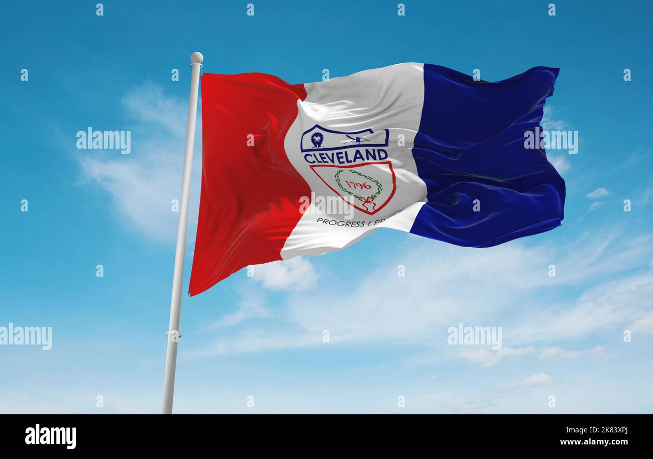official flag of Cleveland, Ohio untied states of America at cloudy sky ...