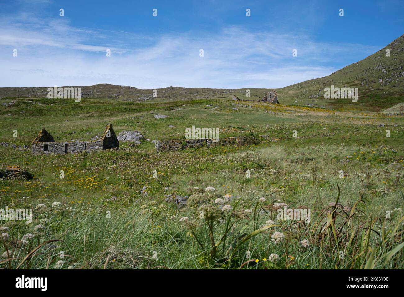 Ruins of the deserted village on the island of Mingulay, Bishop's Isles ...
