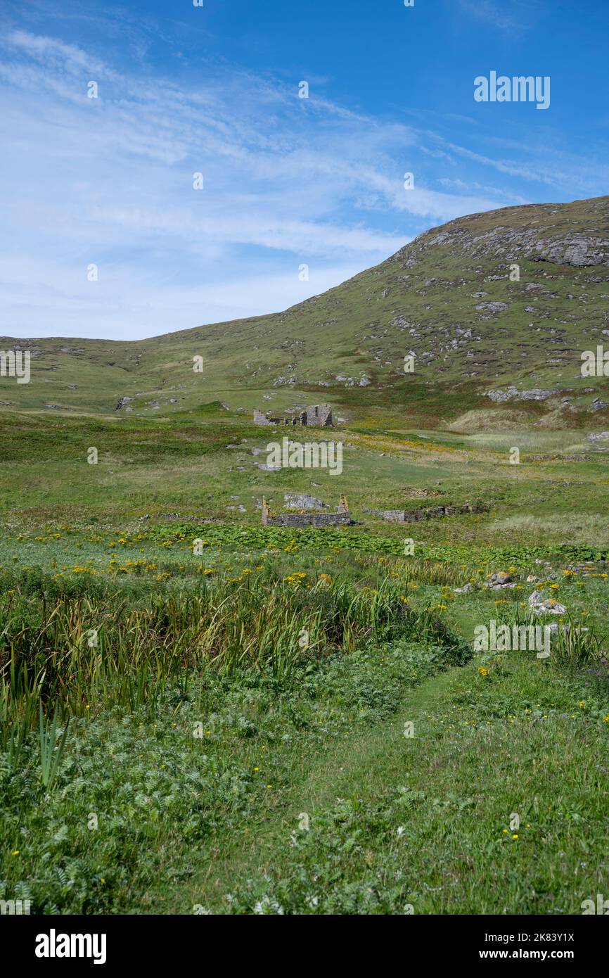 Ruins of the deserted village on the island of Mingulay, Bishop's Isles ...