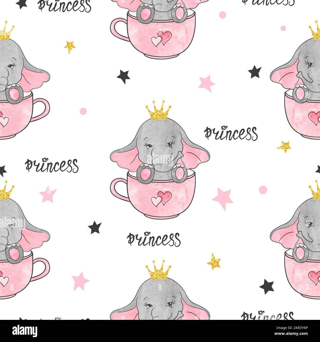 Seamless cute elephant princess pattern. Baby print, kids textile ...