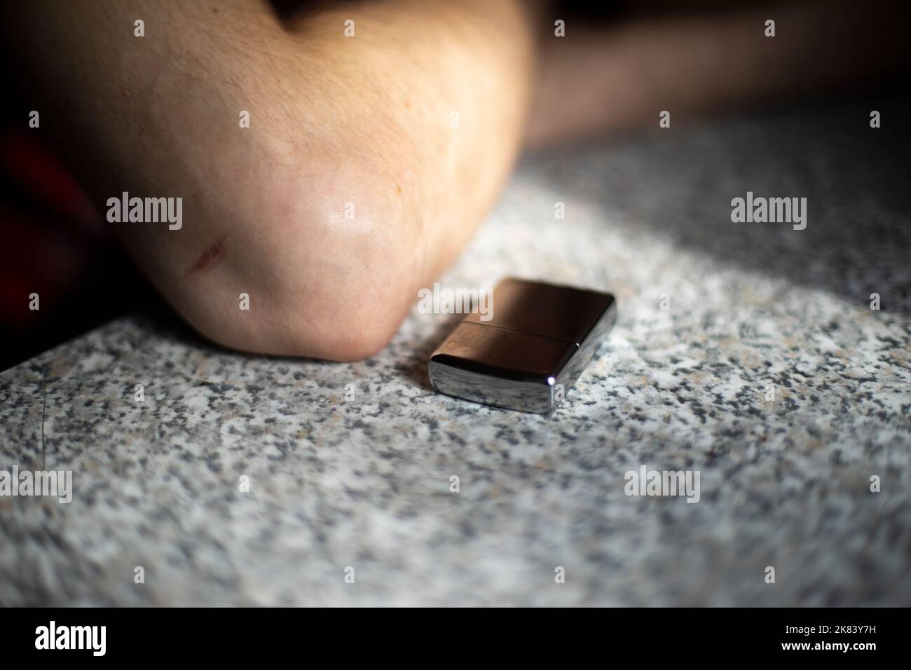 Hand of guy sleeping on table. Man was tired. Depressive state. Hands ...