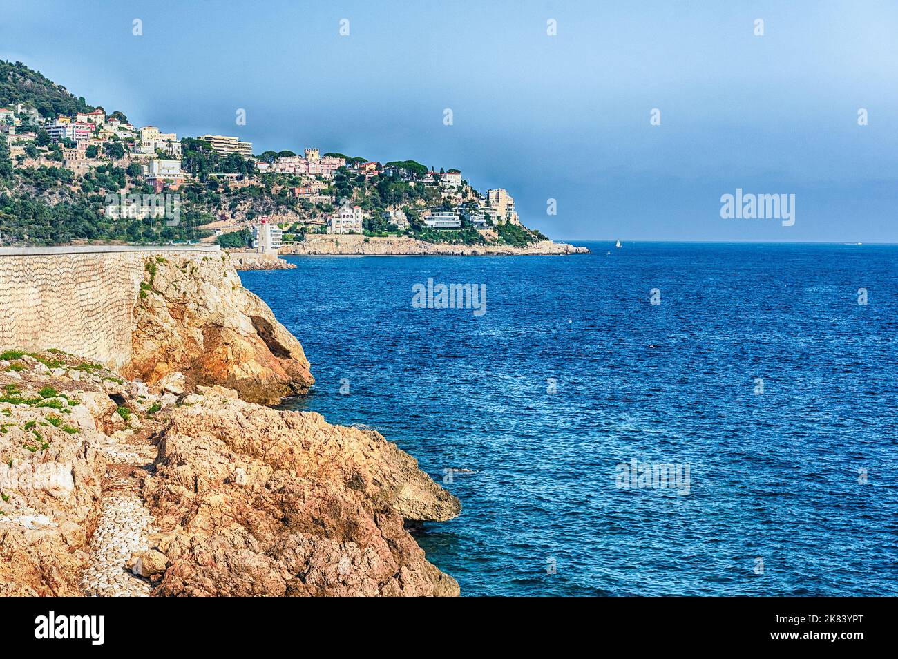 The scenic coastline of the French Riviera on the waterfront of Nice ...