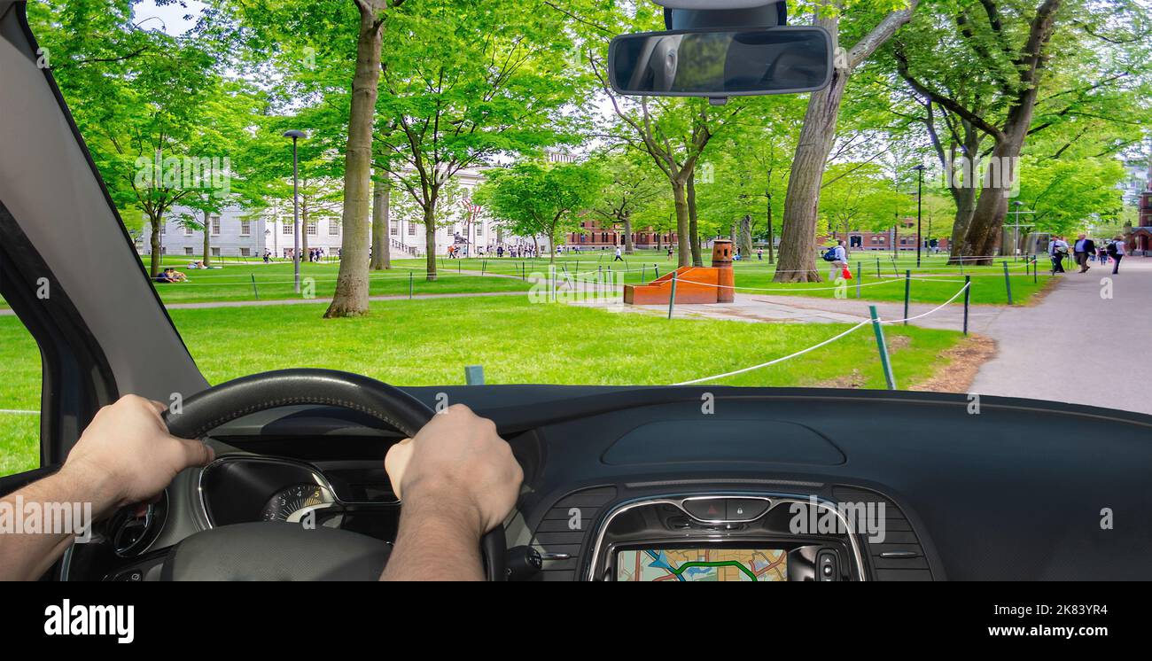 Driving a car inside the legendary Harvard University Campus in ...