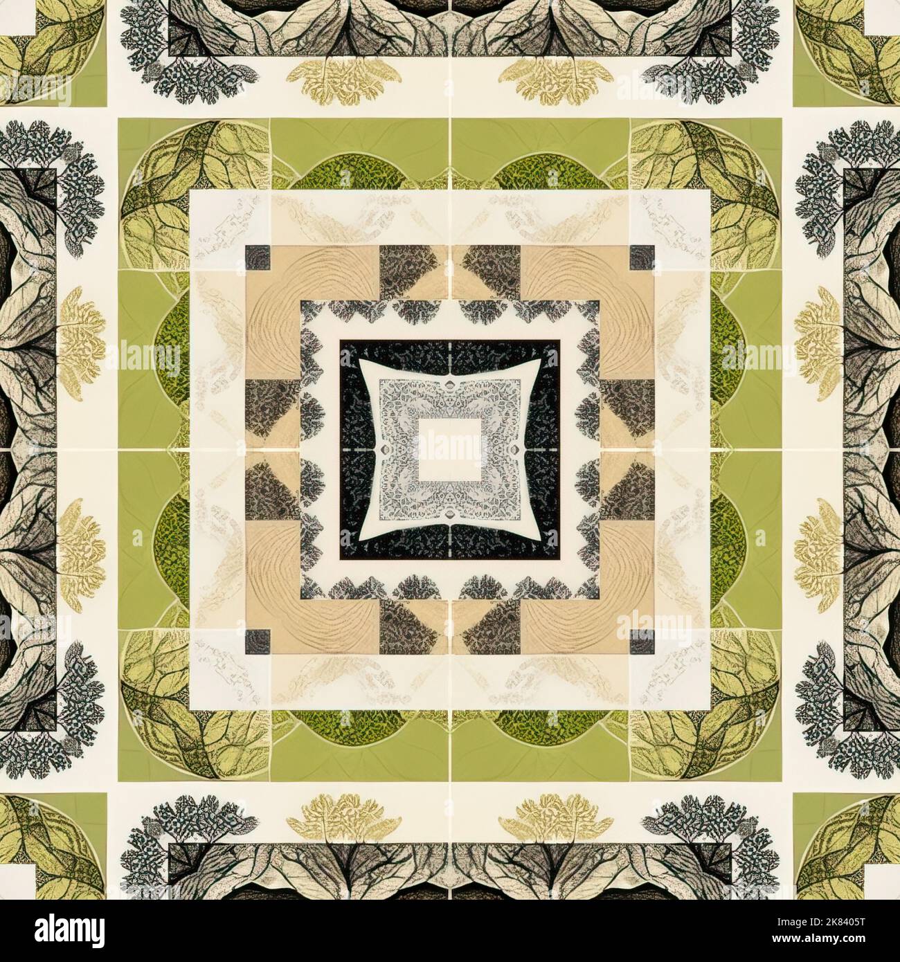 Forest green decorative damask seamless pattern. Geometric kaleidoscope ...