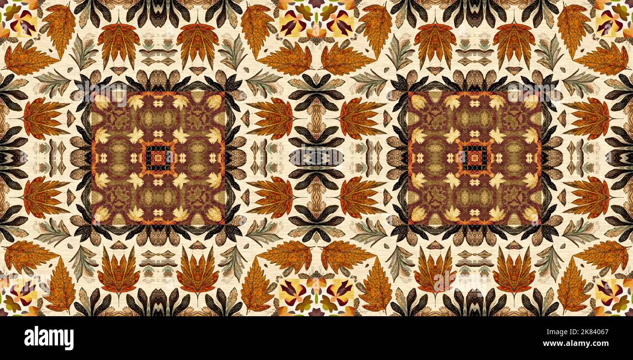 Autumn leaves woodland seamless border. Brown retro kaleidoscopic ...