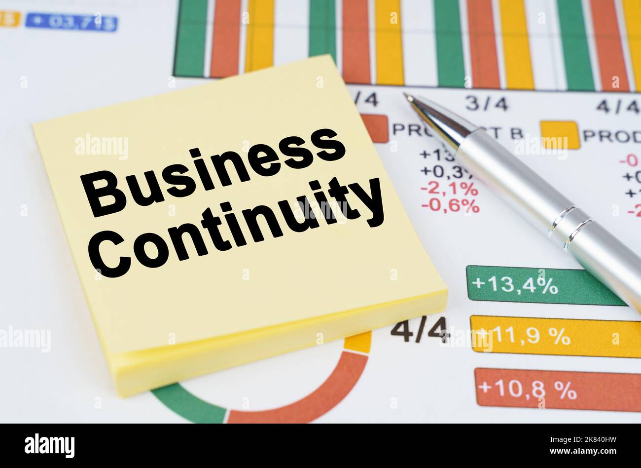 Business concept. On the business charts are a pen and stickers with ...