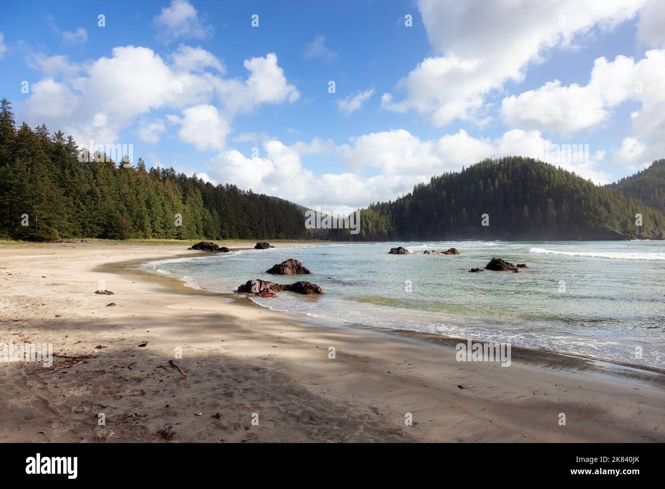 Sandy beach on Pacific Ocean Coast View. Sunny Blue Sky. San Josef Bay ...