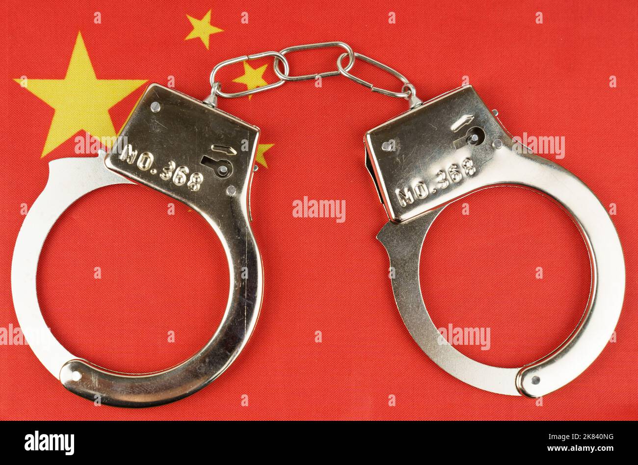 The concept of law and crime. There are handcuffs on the flag of China ...