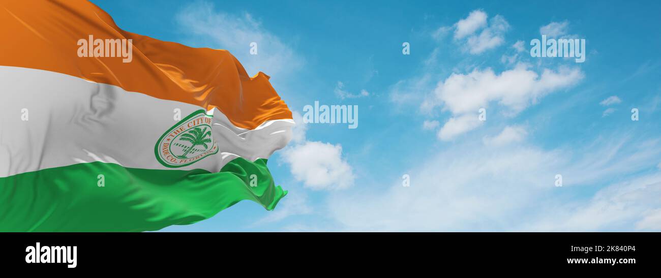 official flag of Miami, Florida untied states of America at cloudy sky ...