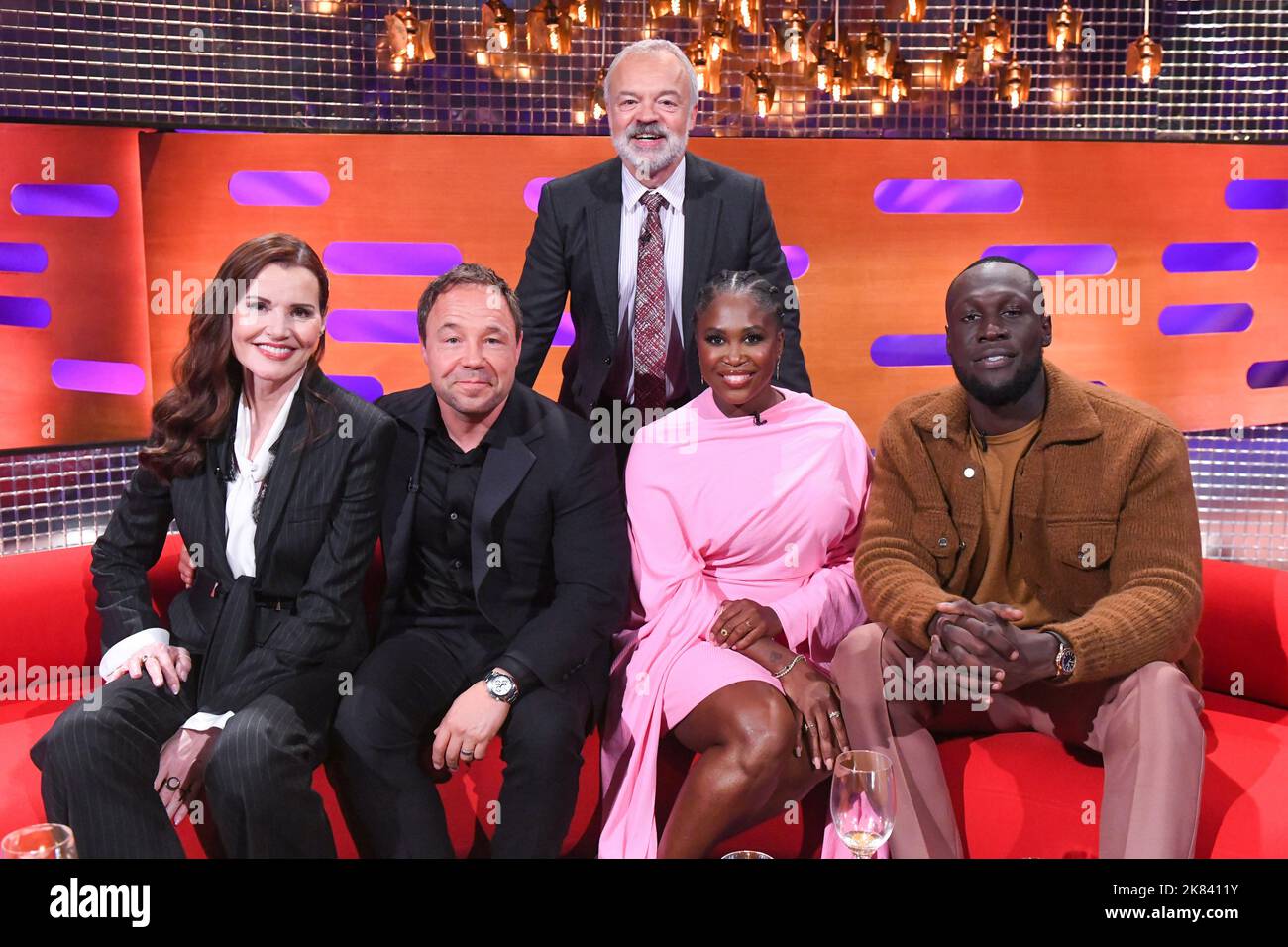 EDITORIAL USE ONLY (left to right seated) Geena Davis, Stephen Graham, Motsi Mabuse and Stormzy ...
