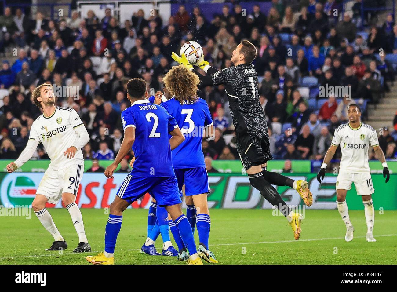 Danny Ward #1 of Leicester City claims the cross during the Premier ...