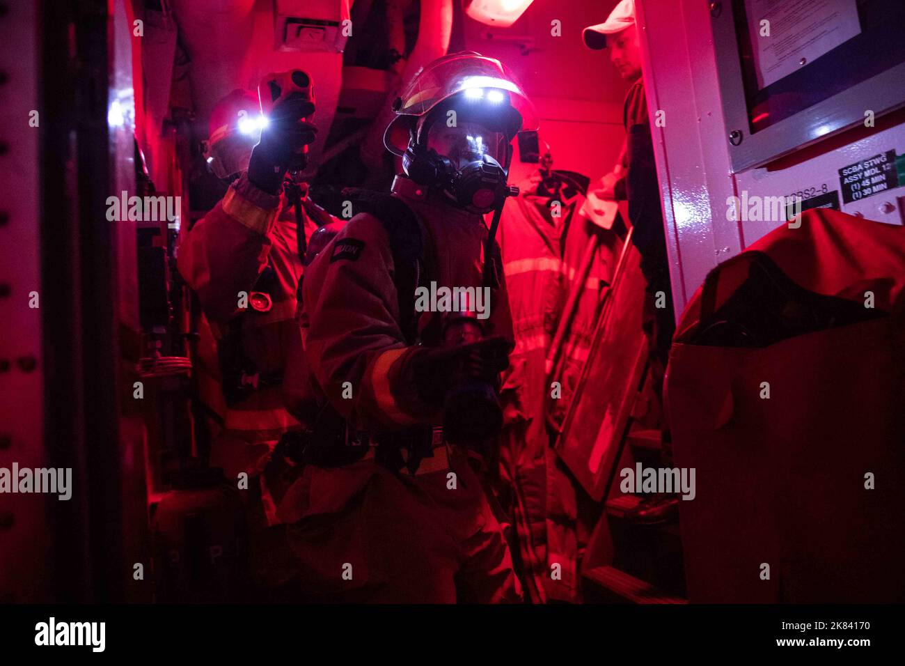 NORTH SEA (Oct. 14, 2022) Sailors participate in a damage control drill ...