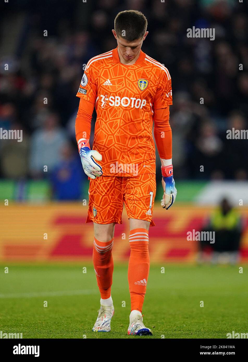 Leeds United goalkeeper Illan Meslier appears dejected during the ...
