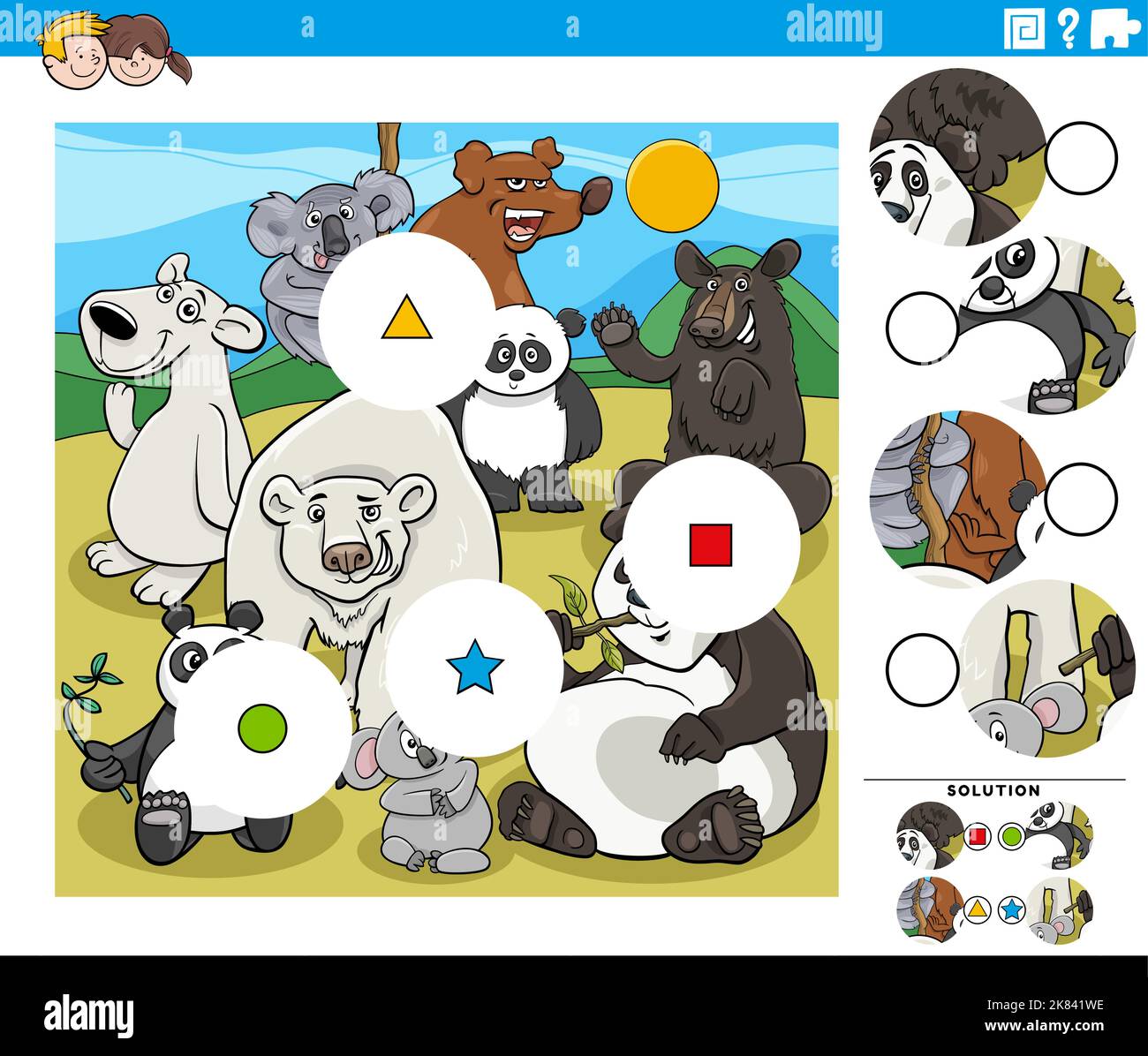 Cartoon illustration of educational match the pieces jigsaw puzzle game ...