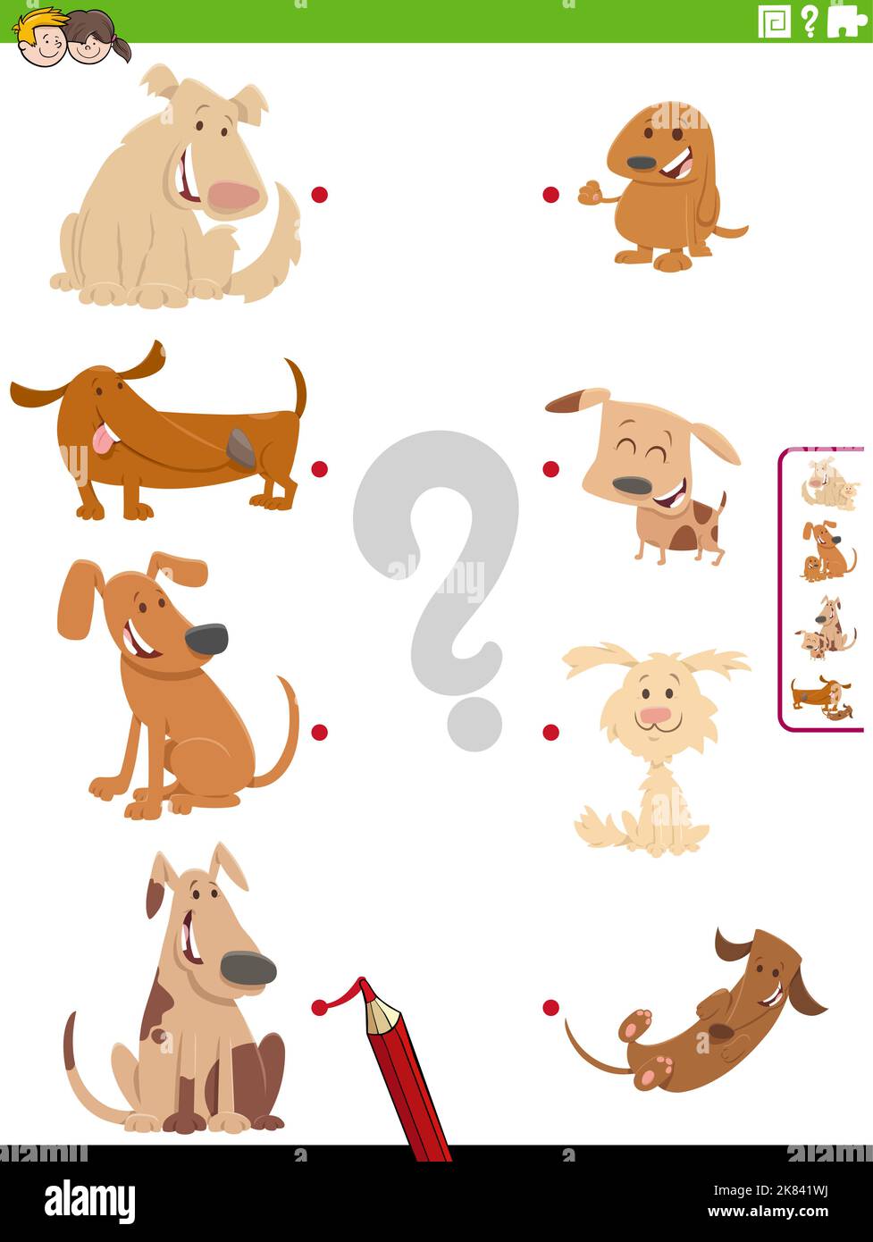 Cartoon illustration of educational matching task with dogs animal ...