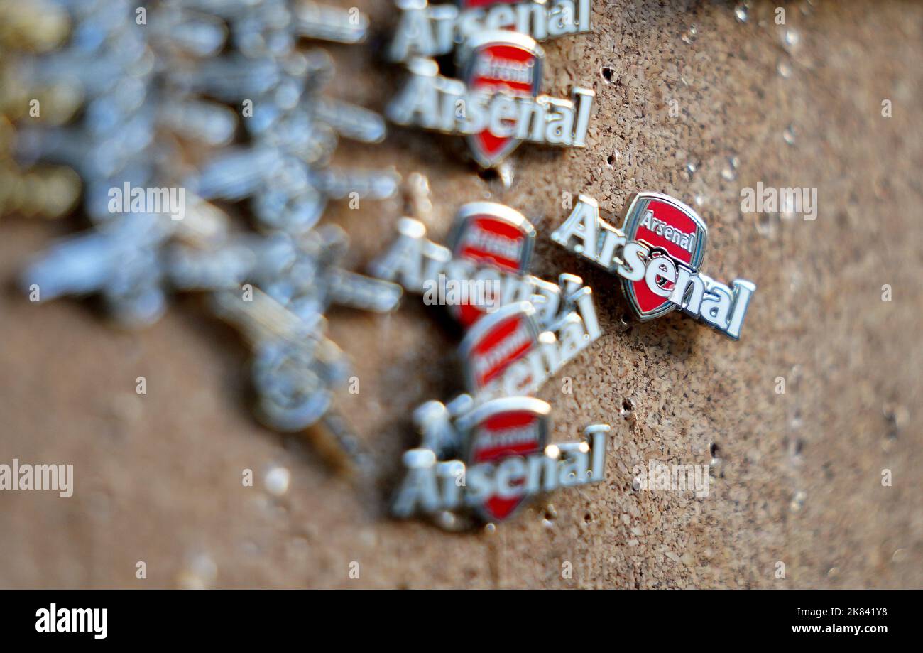 Arsenal pin badges on sale outside the ground before the UEFA Europa ...