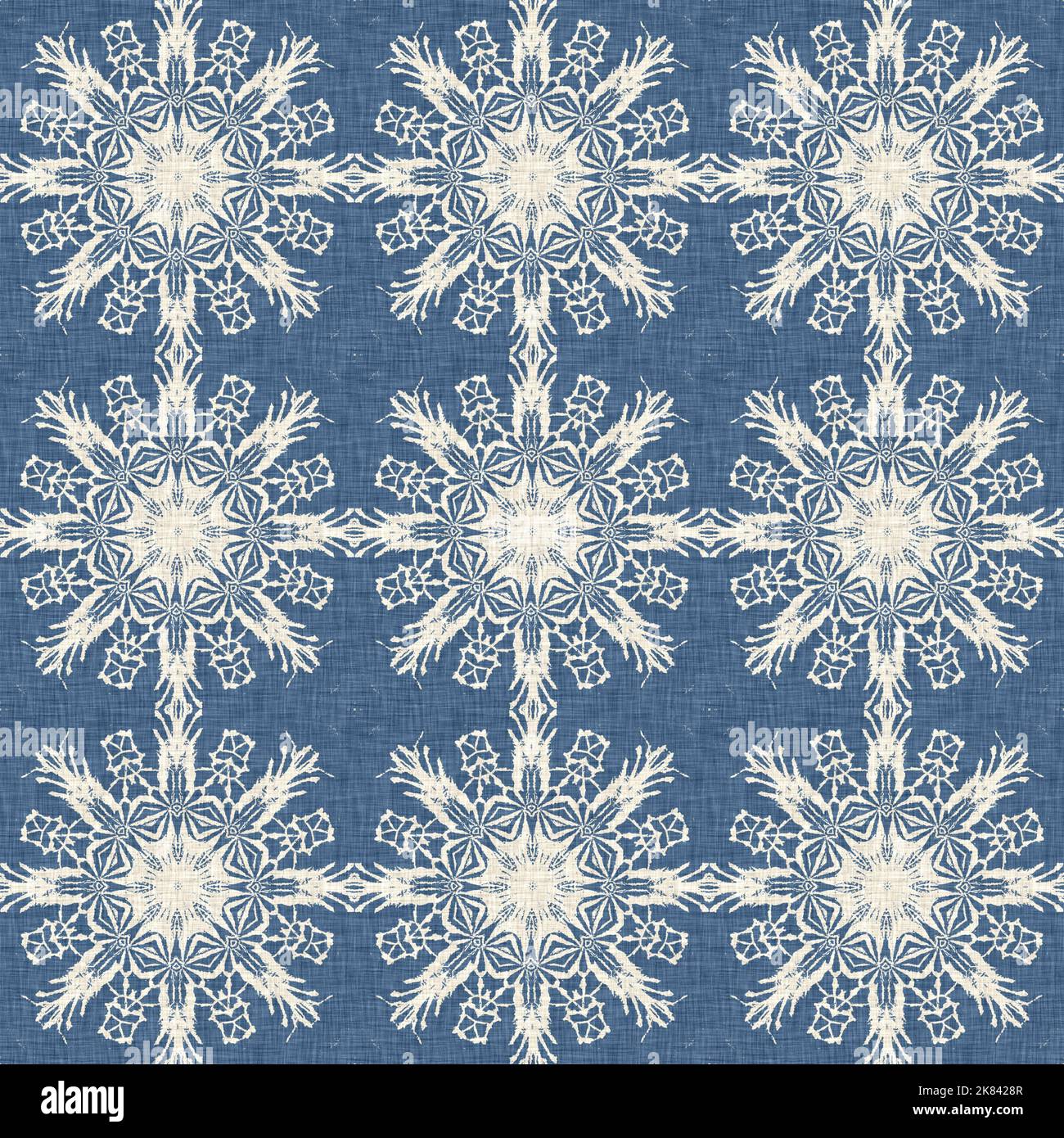 Farmhouse blue snow flake pattern background. Frosty batik damask ...