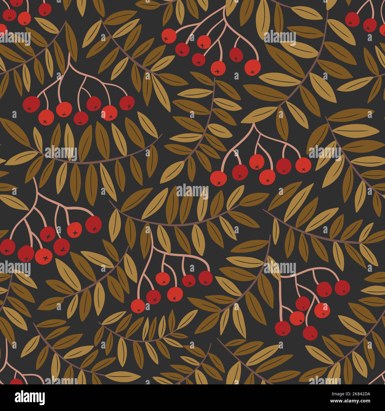 Colorful Fall Linocut Rowan Tree Foliage and Berries Vector Seamless Pattern Stock Vector Image ...