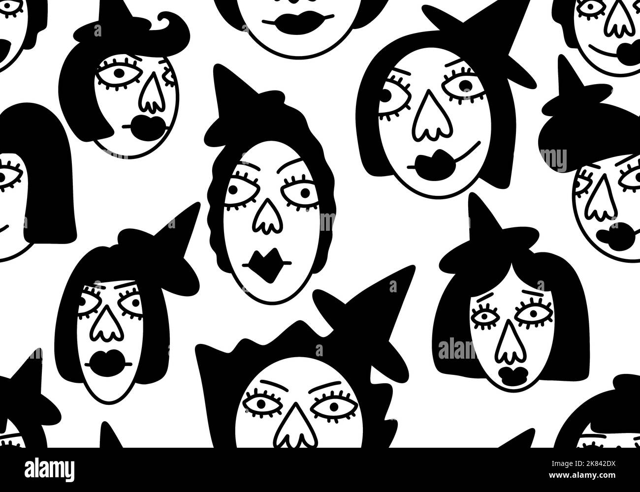 Cartoon women seamless character doodle face pattern for wrapping paper ...