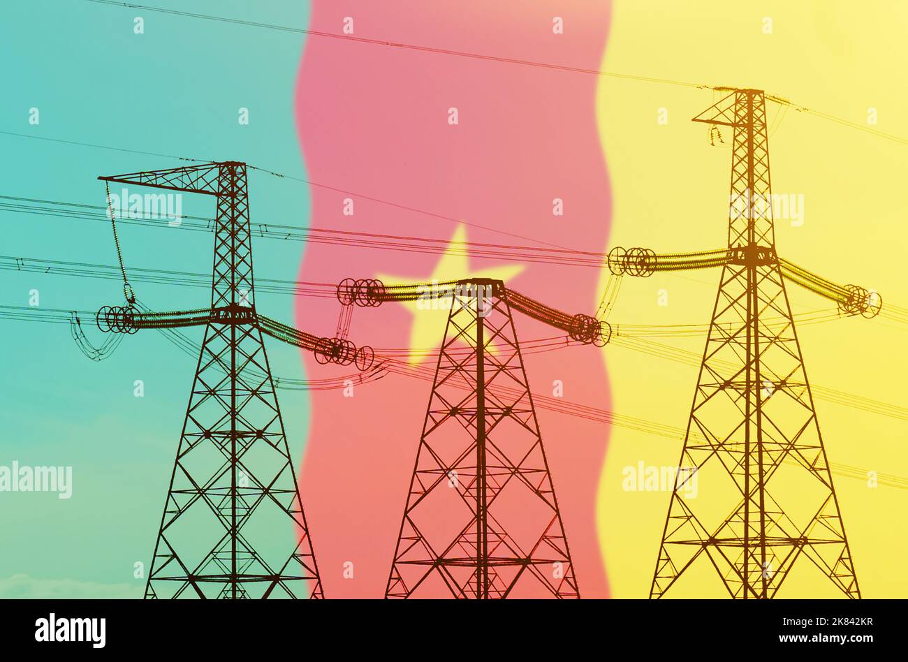 Industry and energy concept. Double exposure - power line, tower and ...