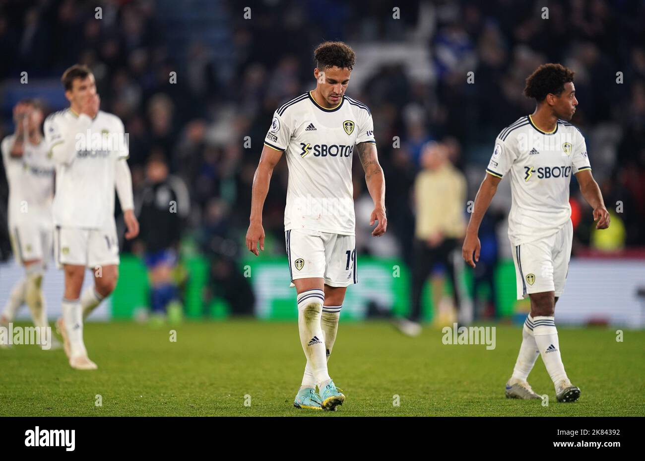 Leeds United's Rodrigo Moreno (centre) and Tyler Adams appear dejected ...