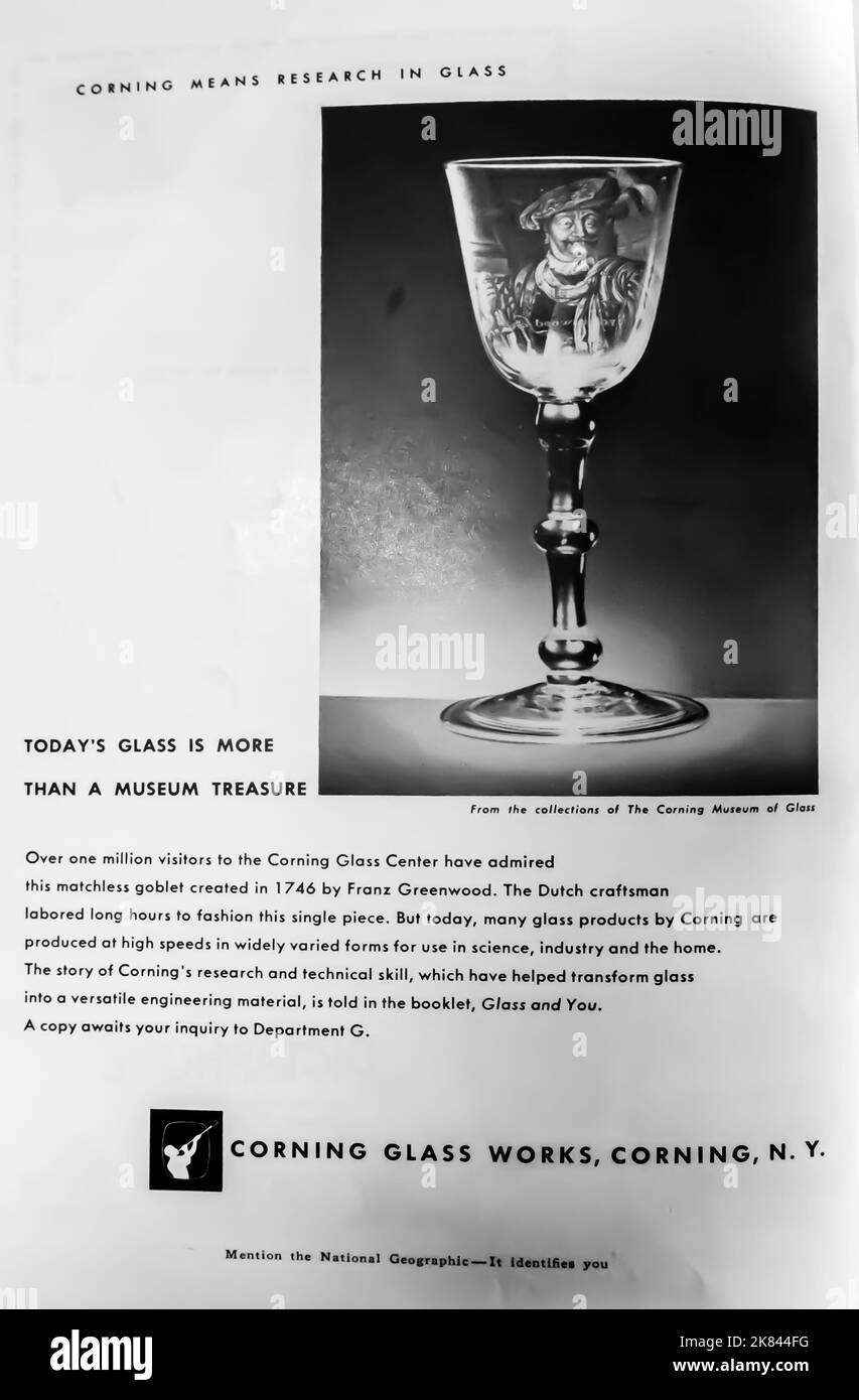 Corning Glass Works advert in a NatGeo magazine, 1954 Stock Photo - Alamy