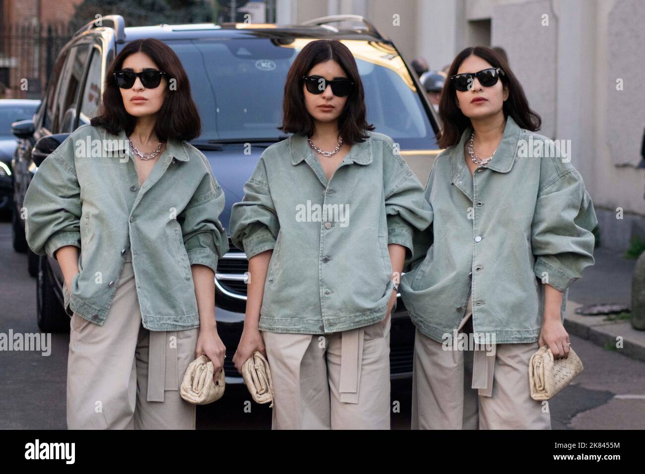 Fashion street style on triplets shot during fashion week Stock Photo ...