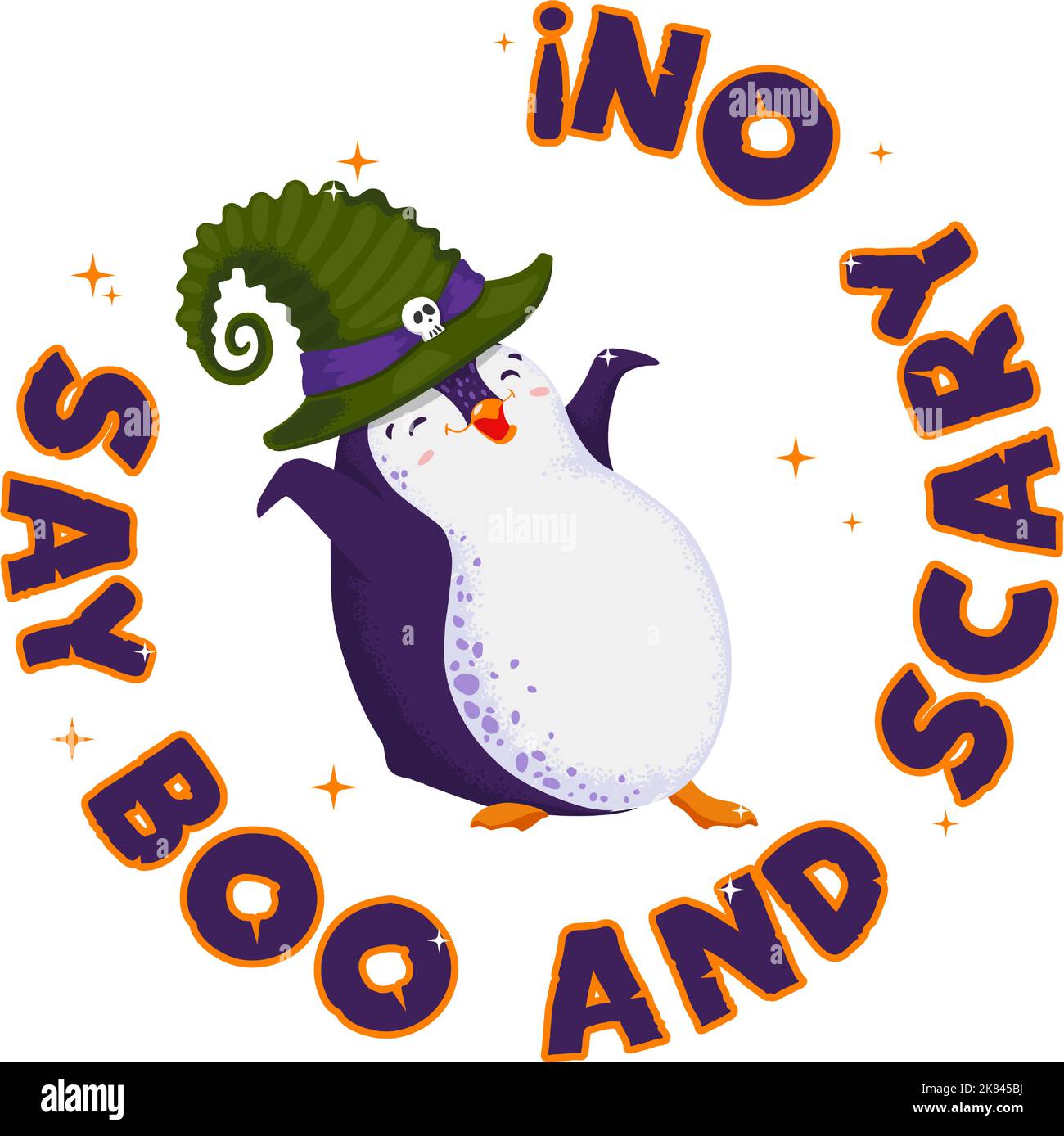 Halloween print with cute vector dancing penguin. Say boo and scary on ...